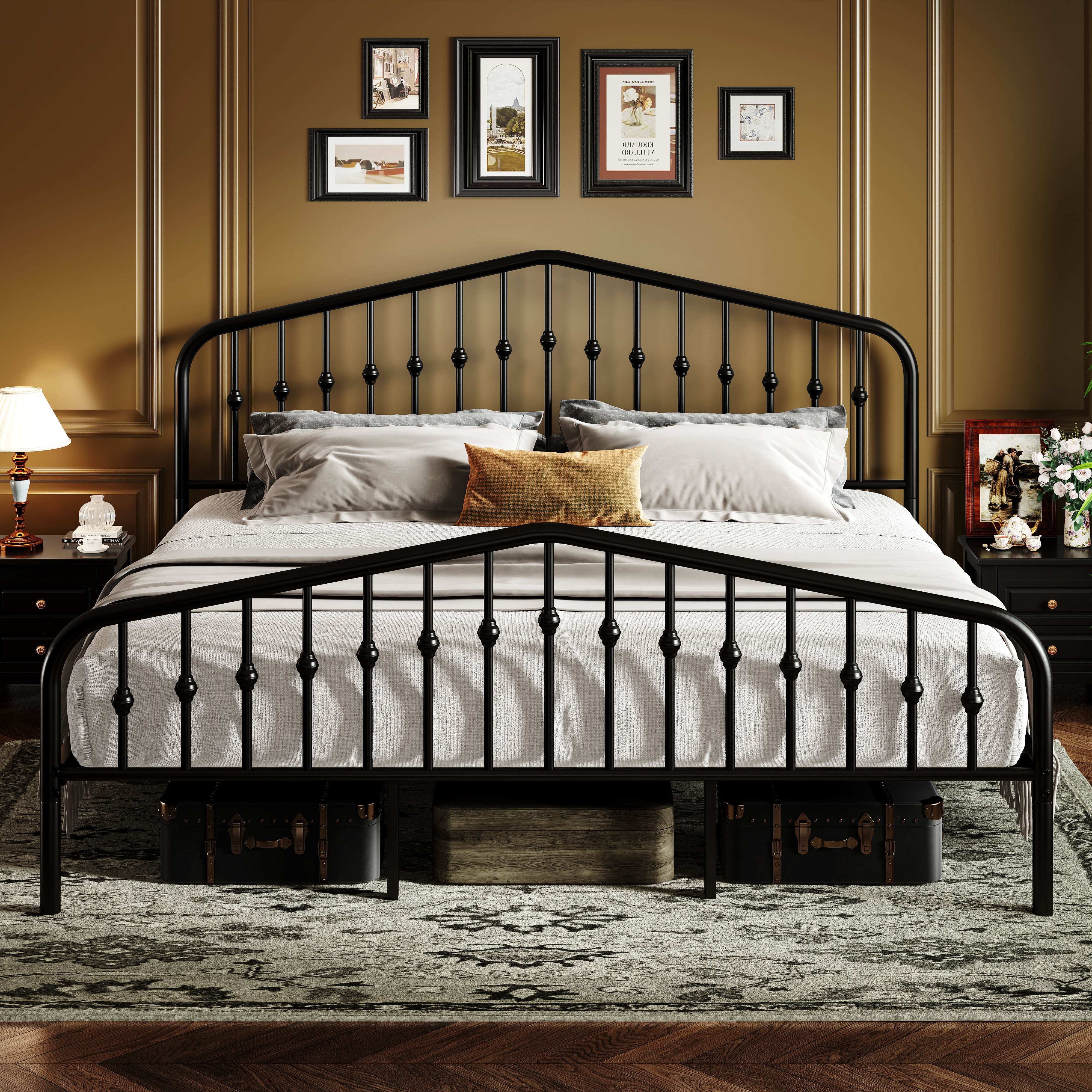 Sifurni Black Metal Platform Bed Frame with Vintage Victorian Headboar